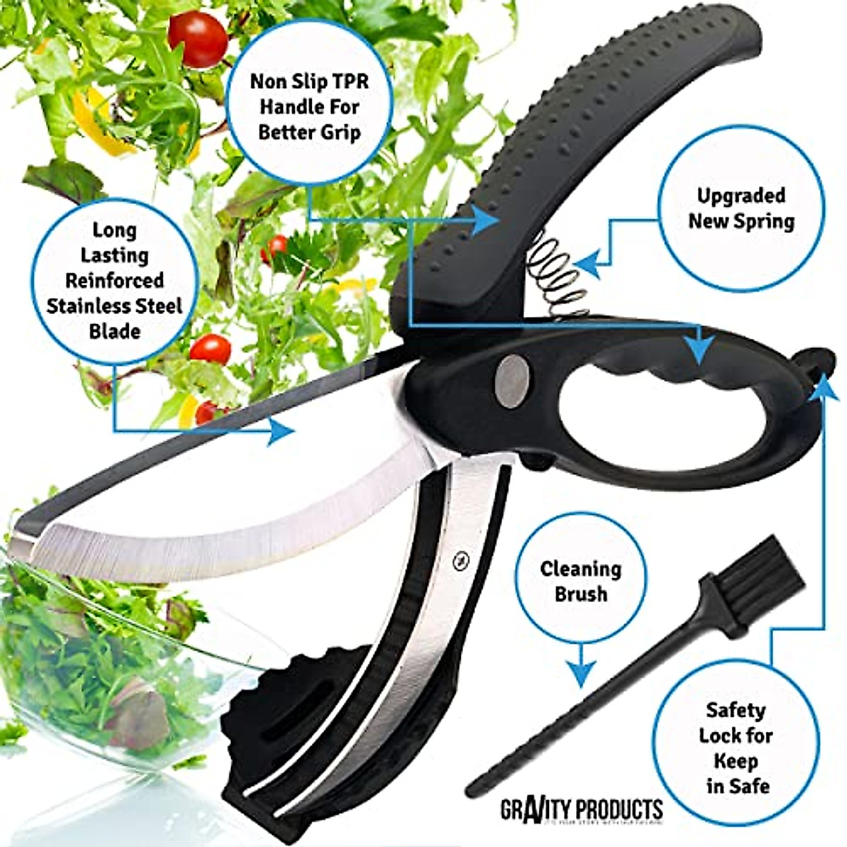 Toss and Chop Salad Tongs, Salad Chopper, Heavy Duty Kitchen Salad Scissors, Multifunction Double Blade Salad Cutting Tool (Black Salad scissor)