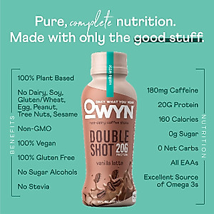 OWYN Only What You Need Double Shot Dairy Free Keto Protein Coffee Shake, Vanilla Latte, 0g Sugar, 20g Plant Based Protein, 180mg Caffeine, Gluten & Soy Free, Non-GMO, Vegan (12 Pack, 12 Fl Oz)
