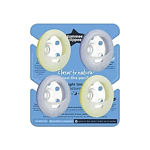 Tommee Tippee Breast-like night pacifier, 0-6 months with breast-like shape and glow in the dark technology, 4-Count, Blue/Yellow
