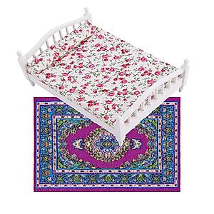 3Pcs Dollhouse Decoration Accessories, 1Pc Mini Dollhouse Furniture Bed and 2Pcs Miniature Carpet Turkey Rugs for Kids Gift