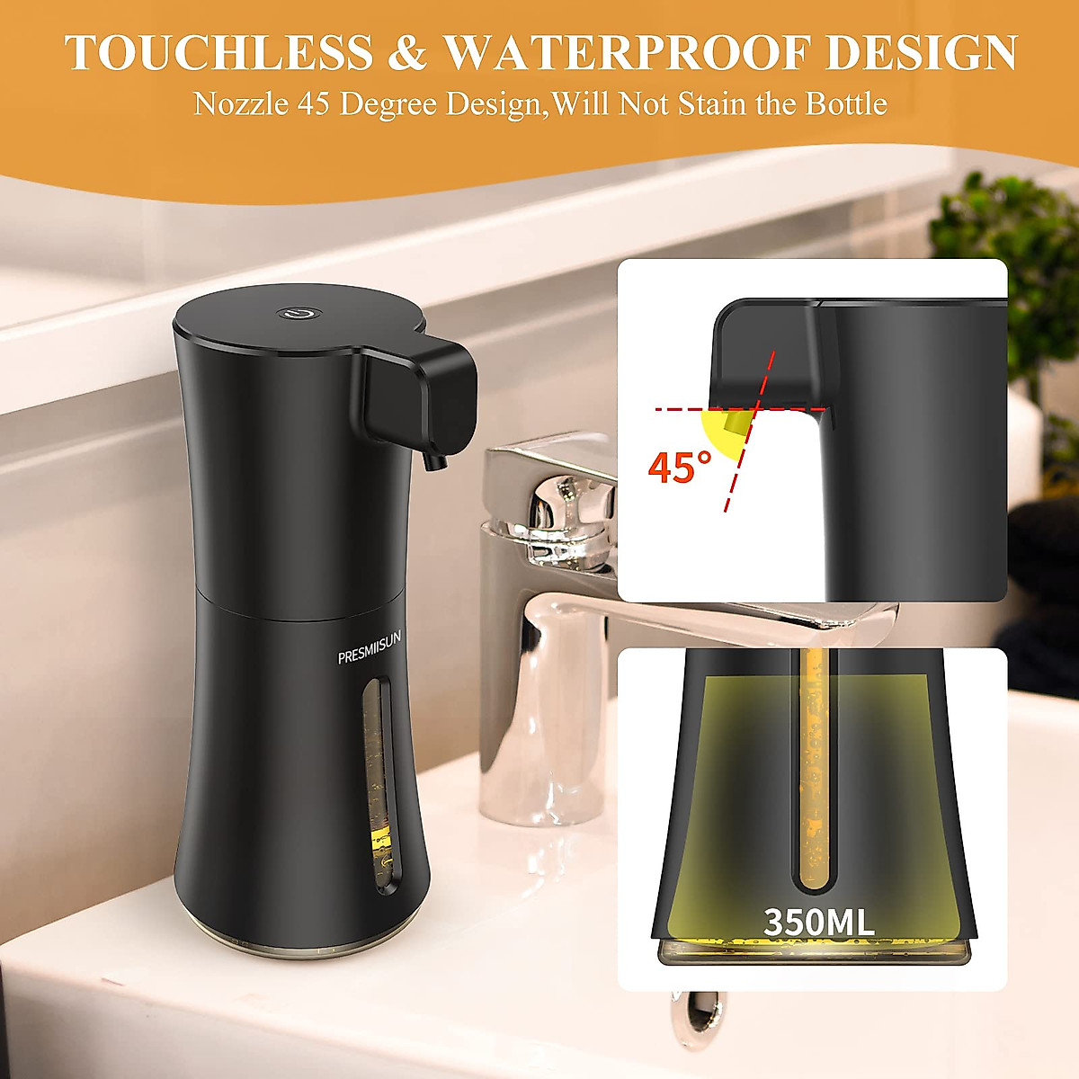 PRESMIISUN Automatic Foam Touchless Auto Foaming Dispenser Black,Foaming Auto Battery Operated 350ml/12Oz Touch Free Foam Soap Dispensers (Black)