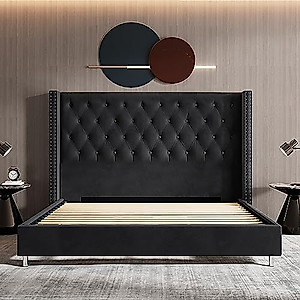 Jocisland King Bed Frame Upholstered Bed Wingback Headboard Velvet Tufted Diamond Button/No Box Spring Needed/Easy Assembly/Black