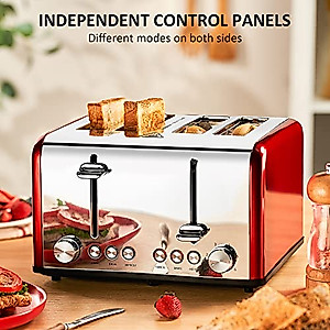 REDMOND Toaster 4 Slice Stainless Steel, Wide Slots 4 Slice Toaster with Bagel Defrost Cancel Function 6 Bread Shade Settings for Bread waffles Auto Shutoff Red