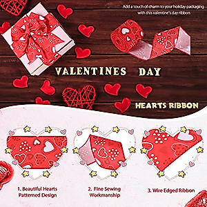 2 Roll Valentine's Day Hearts Wired Edge Ribbon Love Valentines Fabric Ribbons Red Ribbon for Gift Wrapping Party Wedding Decoration, 2.5" x 10 Yards Per Roll, Red White