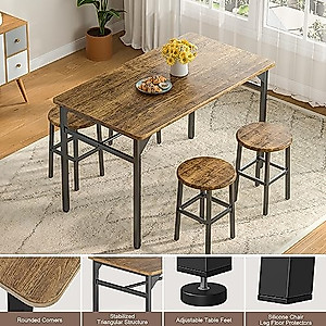 Qsun Dining Table Set for 4 People, 5-Piece Kitchen Table and Chairs Set, Retro Style Dining Table and Chairs for Small Apartment, Rustic Brown
