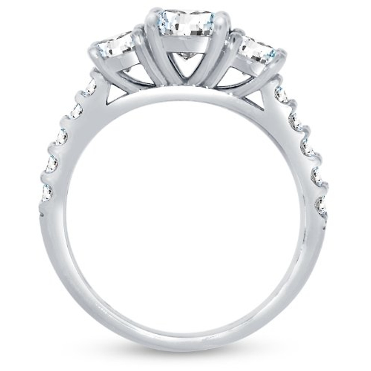 Solid 14k White Gold CZ Cubic Zirconia 3 Three Stone Bridal Engagement Ring w/Matching Wedding Band Two Ring Set - Round Brilliant Cut Solitaire with Round Side Stones (3.0cttw, 1.0ct. Center)