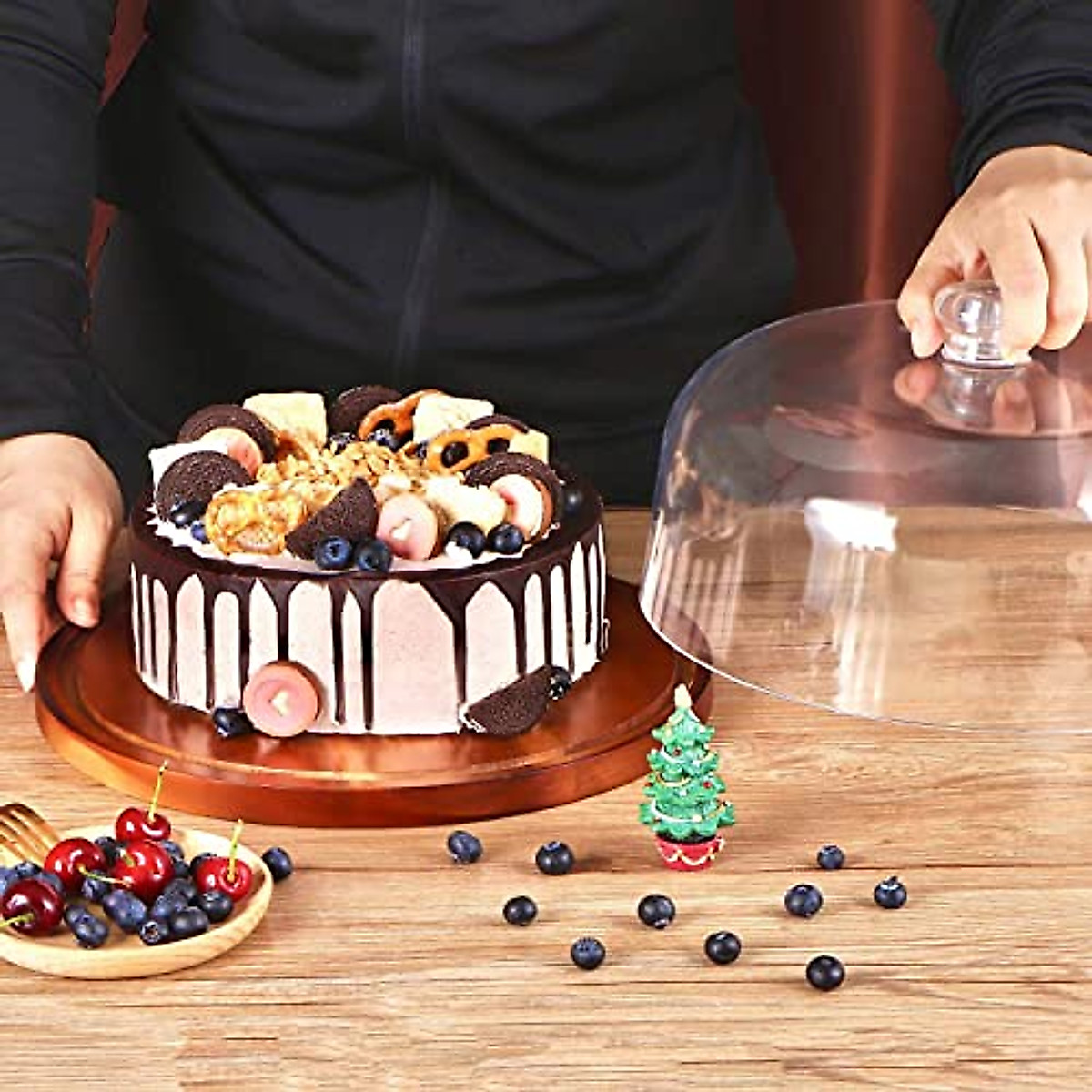 Wood Cake Stand with Dome,Acacia Cake Plate Holder with Acrylic Lid,Cake Display Server Tray for Kitchen,Birthday Parties,Weddings,Baking Gifts or Housewarming Gifts
