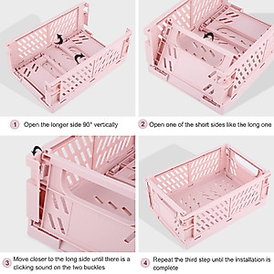 Weraher Plastic Baskets for Desk Organizing, Drawer Organizer, 2 Medium+2 Small Durable Folding Storage Crate for Home Kitchen Classroom Office Bedroom and Bathroom (Pink)