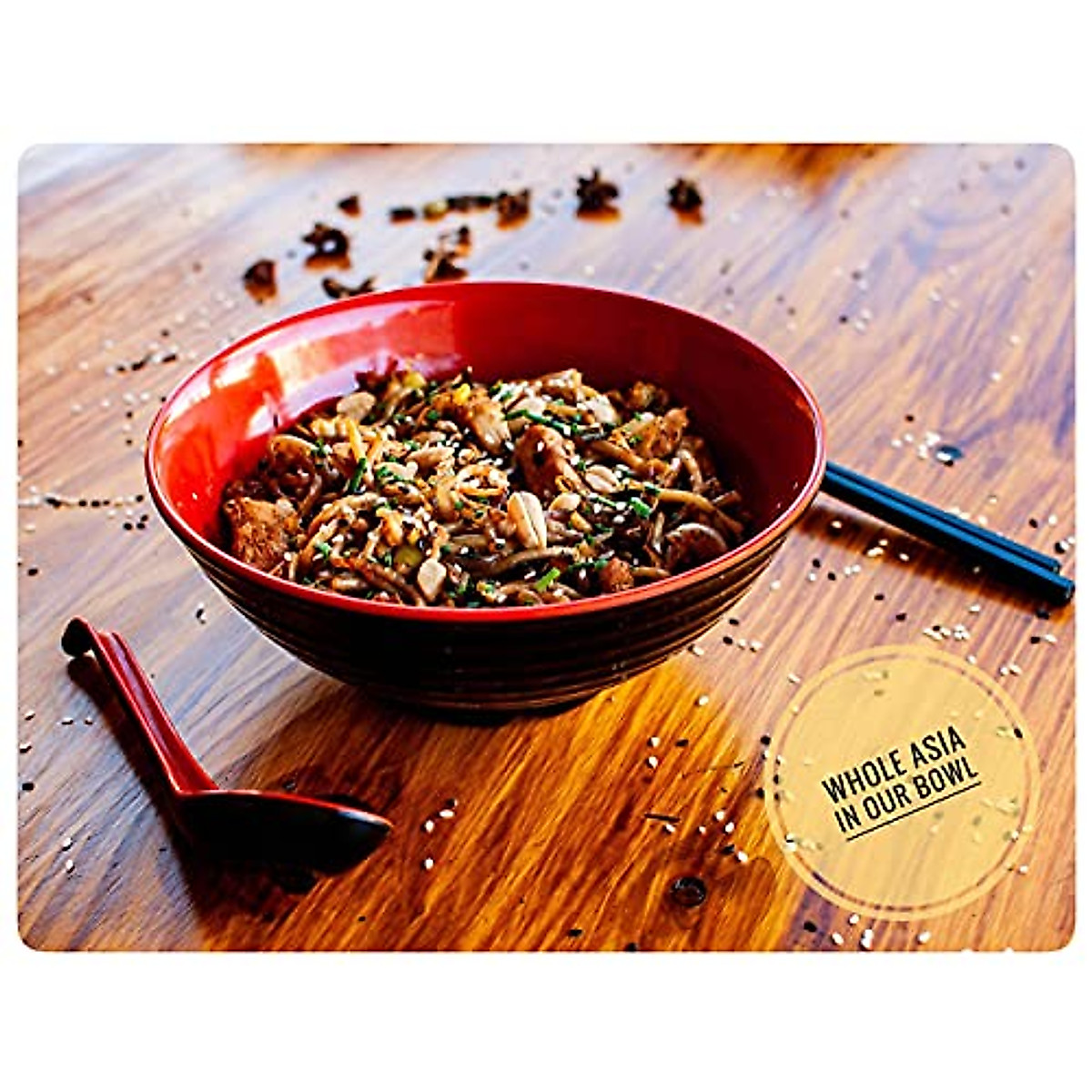 VALLENWOOD 4 set, 16 pieces. Ramen Bowl Set, Asian Japanese soup with Spoons Chopsticks and Stands, Restaurant Quality Melamine, Large 37 oz for Noodles, Pho, Noodle, Udon, Thai, Chinese dinnerware.