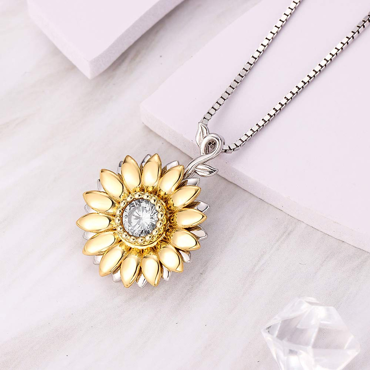 Aniu Graduation Gifts Golden Rotatable Sunshine Sunflower Pendant Necklace for Women, S925 Sterling Silver You Are My Sunshine Jewelry with 5A Cubic Zirconia (Gold) (White)