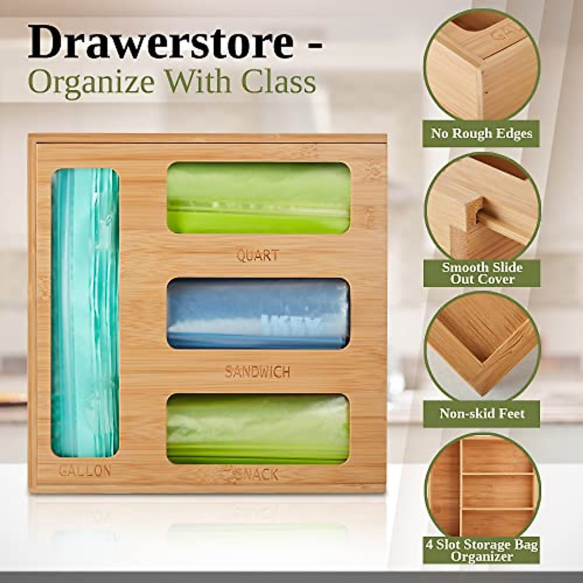 Drawerstore, Ziplock Storage Bag Organizer for Drawer - Plastic Bag Holder for Quart, Gallon, Sandwich, and Snack Size Storage Bags, Natural (DS-ORG-1)
