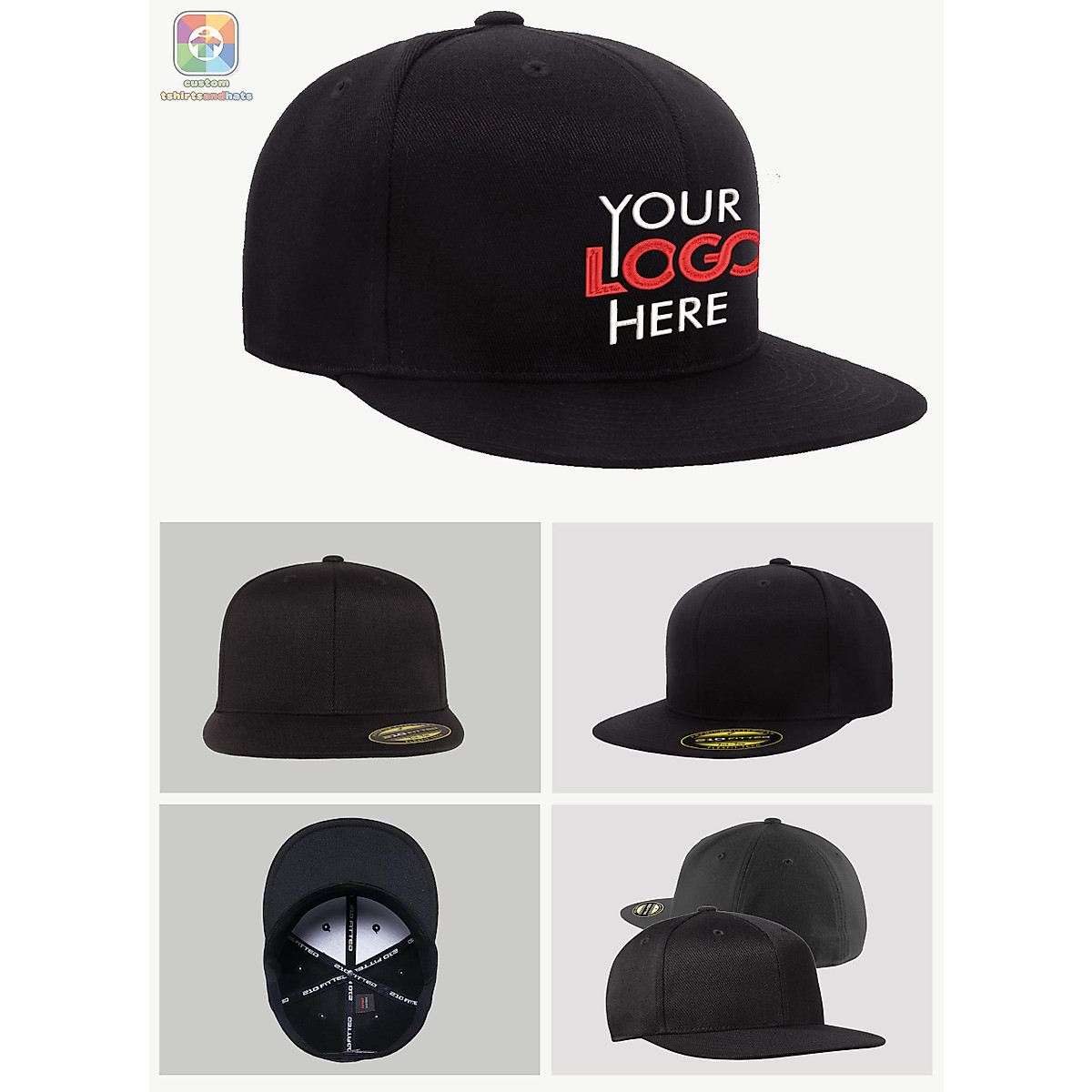 Baseball Premium Fitted Flat Brim Flex Fit Hat Custom Personalized Logo Elastic Closure Hat for Men and Women Custom Embroidered (L/XL, Black)