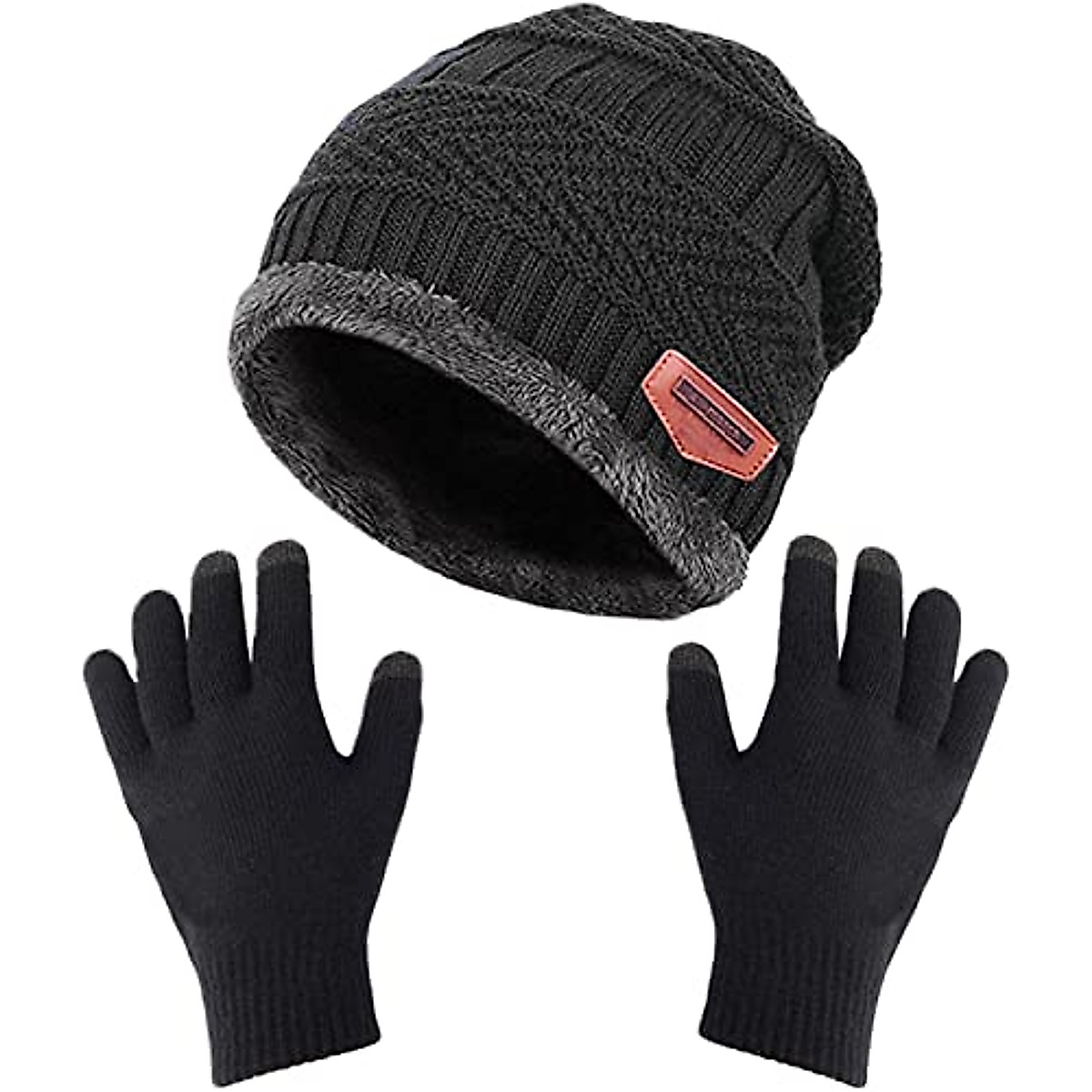 T WILKER 2Pcs Kids Winter Knitted Hats+Neck Set Warm Fleece Lining Cap for 5-14 Year Old Boys Girls (E-Black (hat+neck))