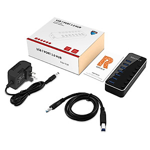 USB 3.0 Hub, RSHTECH 7 Port Powered USB Hub Expander Aluminum USB 3.0 Data Port hub with Universal 5V AC Adapter and Individual On/Off Switches USB Splitter for Laptop and PC(Black)