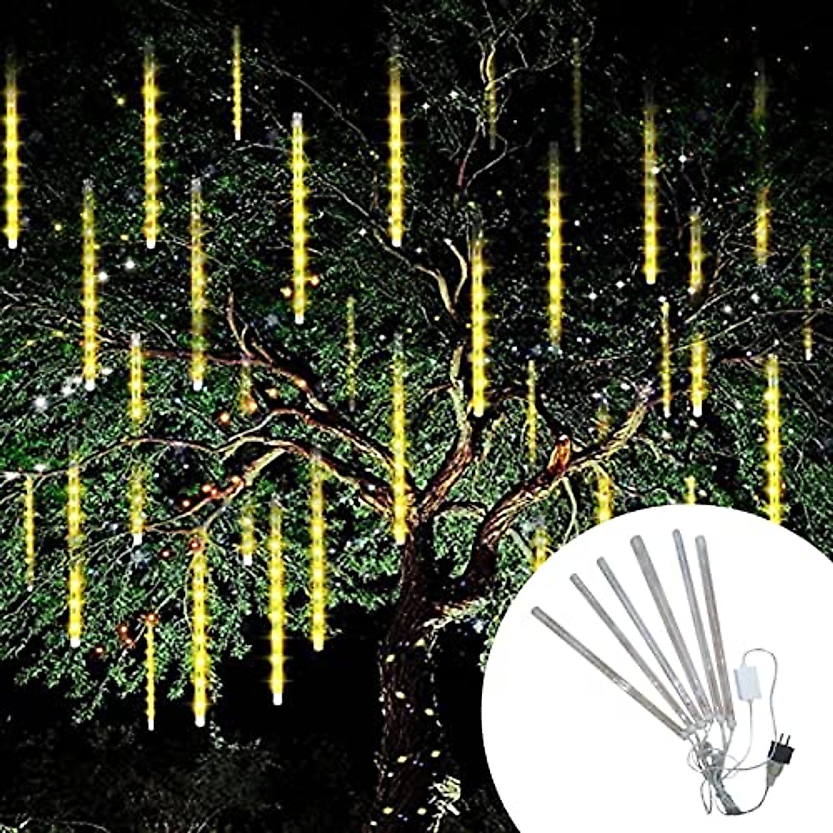 MIS1950s Christmas Lights Meteor Shower Lights 11.8'' 6pc Spiral Tubes 144 LEDs Waterproof Icicle Snowfall String Lights for Wedding Christmas Xmas Halloween Garden Tree Home Decor (Yellow)