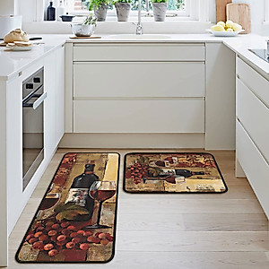 OUXIOAZ Wine Kitchen Rugs and Mats [2 PCS], Non Skid Washable Absorbent Microfiber Kitchen Mat for Doormat Bathroom Runner Set (17"x47"+17"x30", Wine)