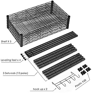LEHOM 5-Tier Metal Storage Shelves 23.63" L×13.78" W×59.1" H Wire Shelving Unit Storage with Adjustable Leveling Feet for Laundry Bathroom Kitchen,Steel Organizer Wire Rack 220 LBS Capacity