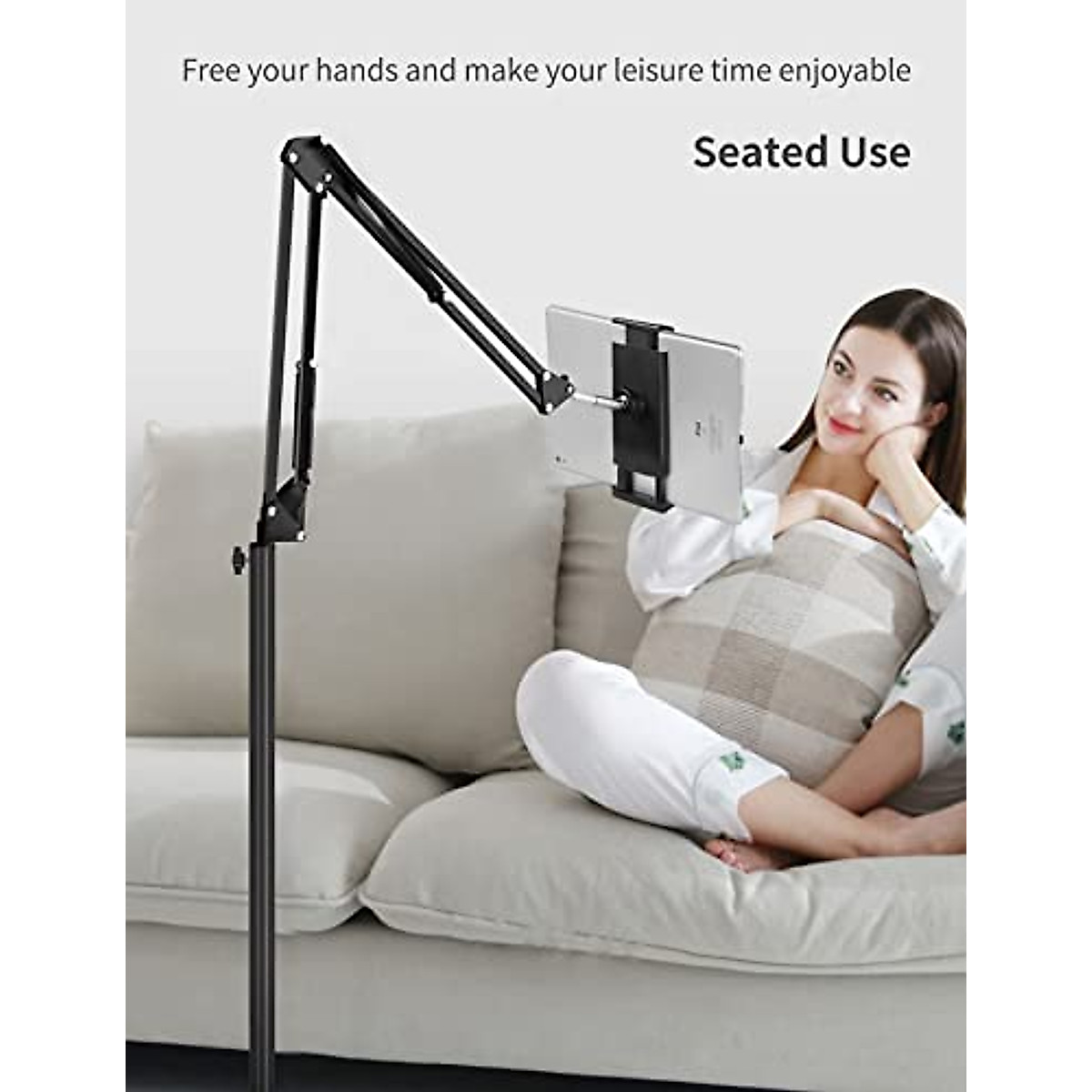 Tablet Floor Stand with Double Weight Base, Overhead Bed Phone Mount Height Adjustable Arm Stretchable Stand Holder, Compatible with iPad Mini Air Pro, Galaxy Tab, Kindle, Switch, Cell Phones-Black
