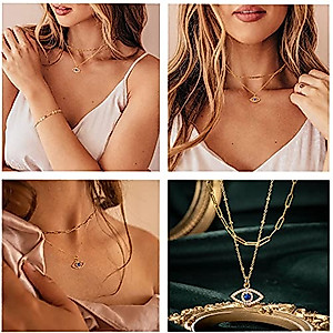 PPJew Layered Evil Eye Necklace 18K Gold Plated Blue Third Eye Layering Chocker Necklace Protection Mal De Ojo Nazar Amulet Jewelry Gift for Women Mother（Gold）