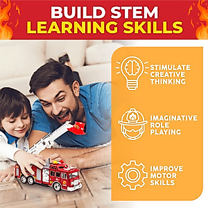 Toysery Fire Truck Toy with Flashing Lights & Siren Sounds for Kids, Extendable Rotating Ladder, Bump and Go Action, Role Play Toy for Boys & Girls, Kid Car Toy Trucks, Ages 3-7+