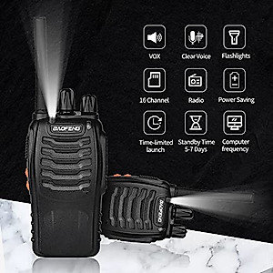 BAOFENG Walkie Talkies Long Range for Adults Kids Two Way Radios with Earpieces,16 Channel UHF, Rechargeable Handheld 2-Way Radios with Flashlight （2 Pack）, black, 88A