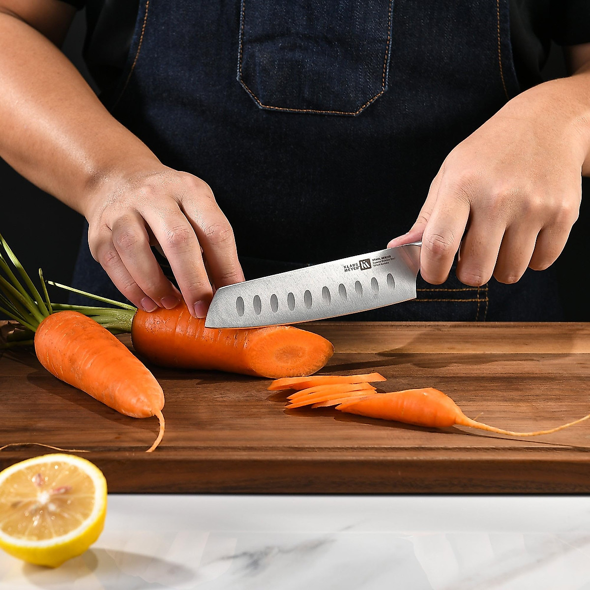 Klaus Meyer Stahl High Carbon Exclusive German Steel 5.5 inch Kitchen Chef Knife Ultra Sharp Santoku Knife, Japanese Chefs Knife (Black)