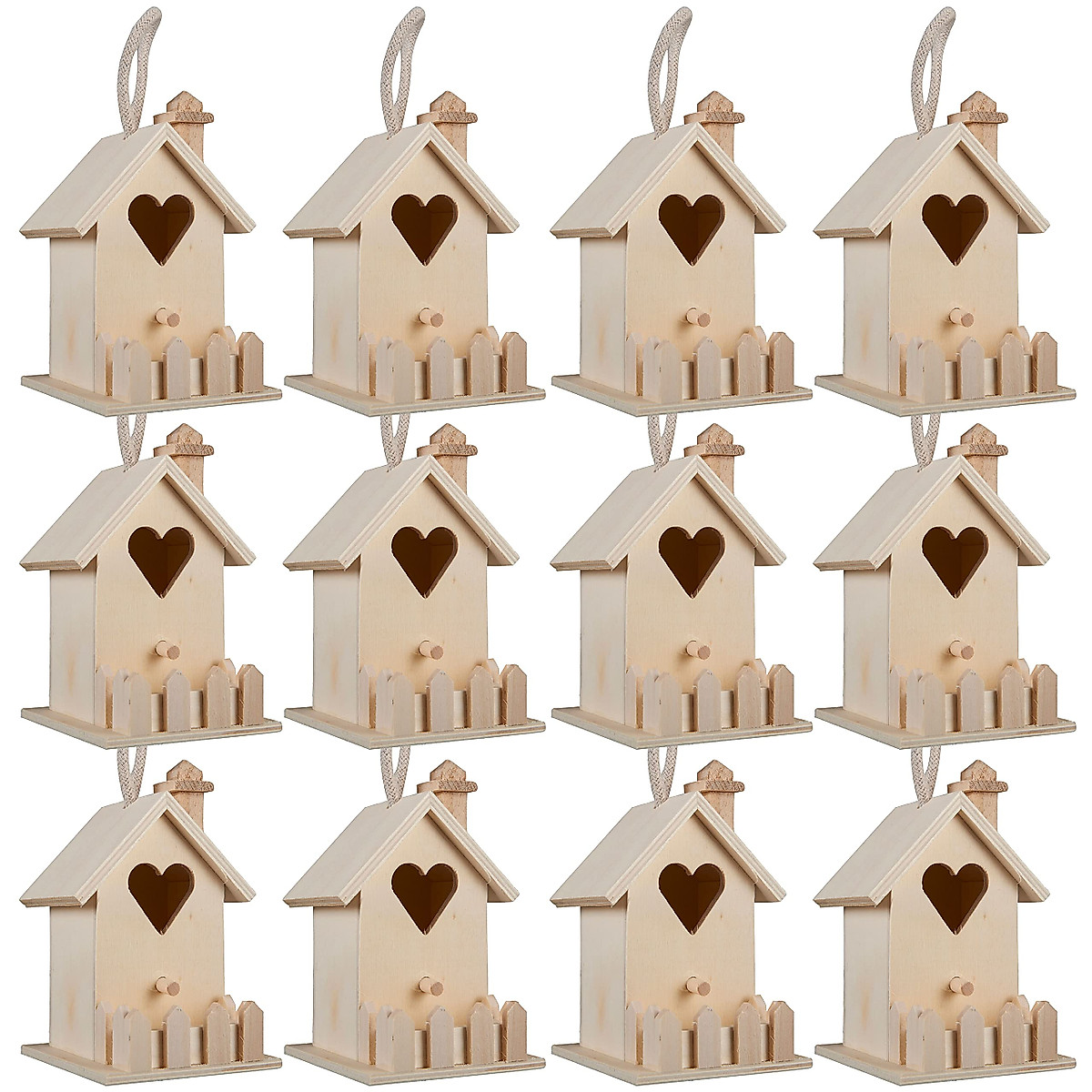 4.7" Heart & Fence Birdhouse by Make Market - Unfinished Hanging Birdhouse Made of 100% Wood, Outdoor Nesting Boxes - Bulk 12 Pack