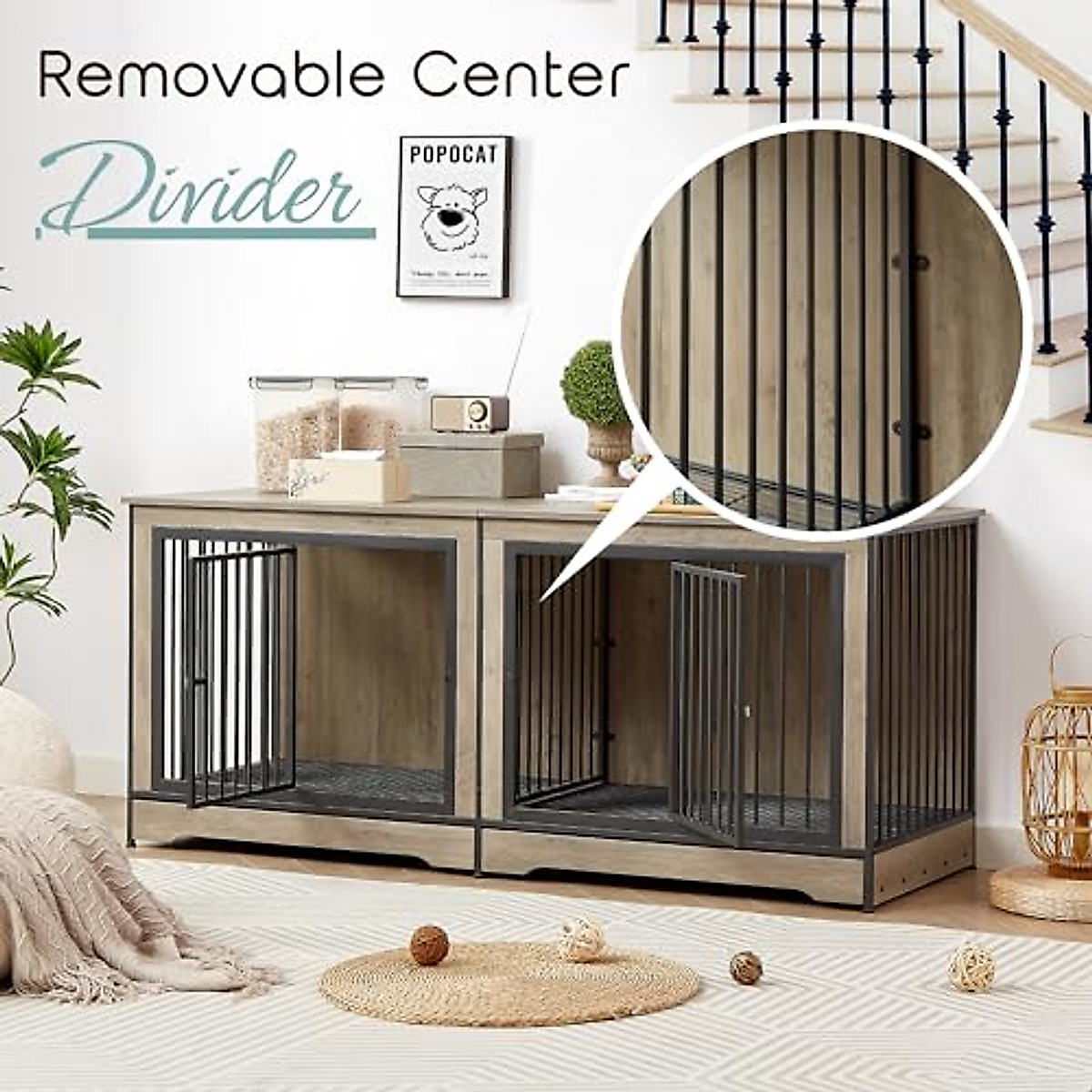 DOSSMBOLA 75'' Large Dog Crate Furniture for Large Dog or 2 Medium Dogs, Wooden Dog Kennel Dog Crate with Pull Out Tray and Removable Divider, TV Stand XXL Dog Cage - Gray