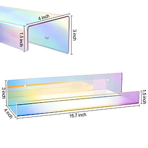 NatldGs 2 Pcs Iridescent Acrylic Floating Shelves, 15.7Inch Rainbow Acrylic Shelves/Bookshelf for Bedroom, Bathroom or Living Room Decor (Wall Mounted)…
