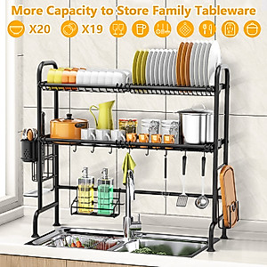 KETAZERO Over The Sink Dish Drying Rack, Stainless Steel 2 Tier Over The Sink Dish Drying Rack with Utensil Holder Dish Drainers for Kitchen Counter,Save More Counter Space, Black