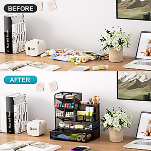 Marbrasse Mesh Pen Holder for Desk, Multi-Functional Pencil Organizer with Drawer, Desk Organizers and Accessories for Office Art Supplies (Black)