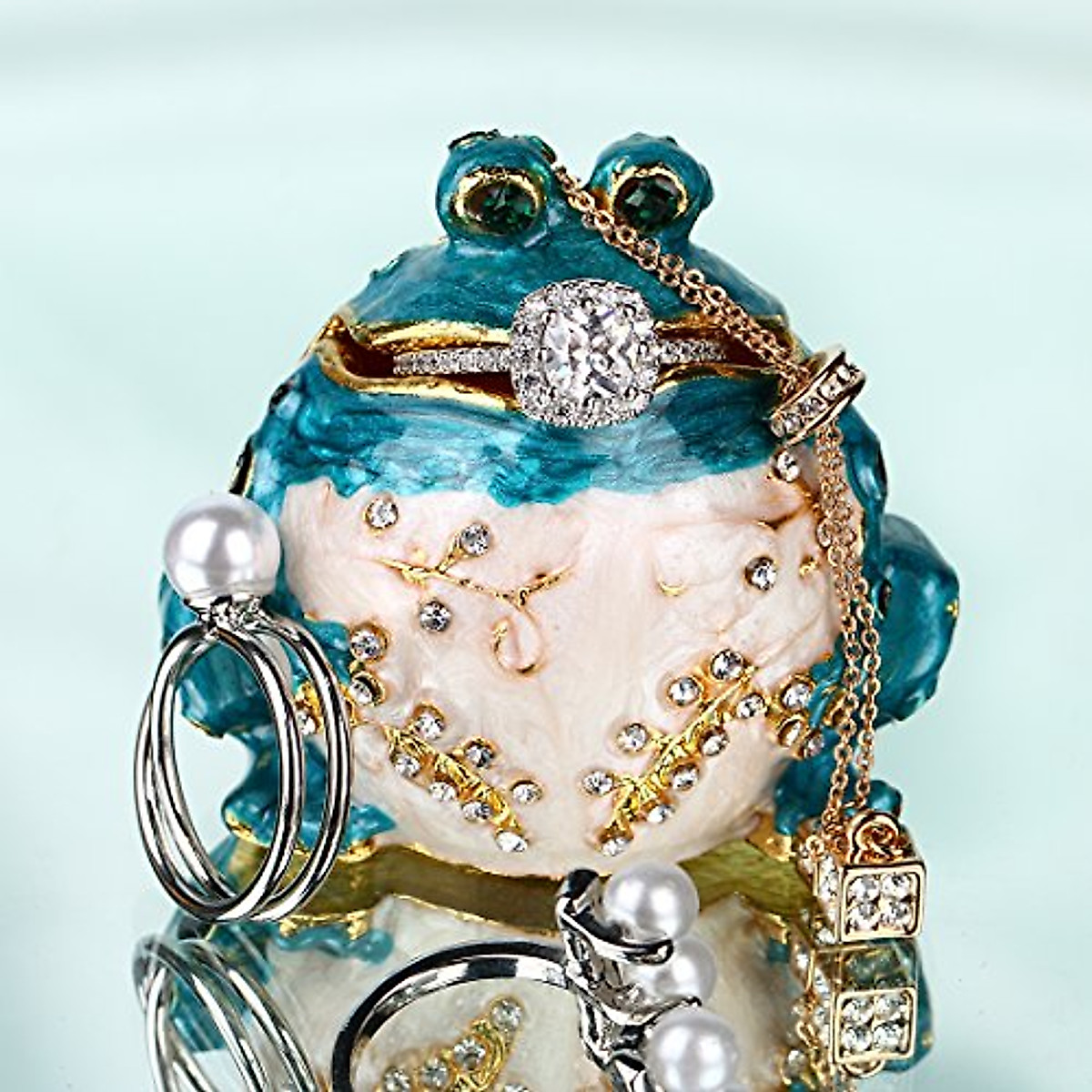 YU FENG Hinged Frog Trinket Jewelry Box Crystal Jeweled Small Cute Frog Animal Figurines Collectible