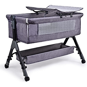 Bellababy Bedside Bassinet, Bedside Sleeper, Bedside Crib with Changing Table, Easy Folding Portable Crib, Adjustable Portable Bed for Infant/Newborn (Dark Grey)