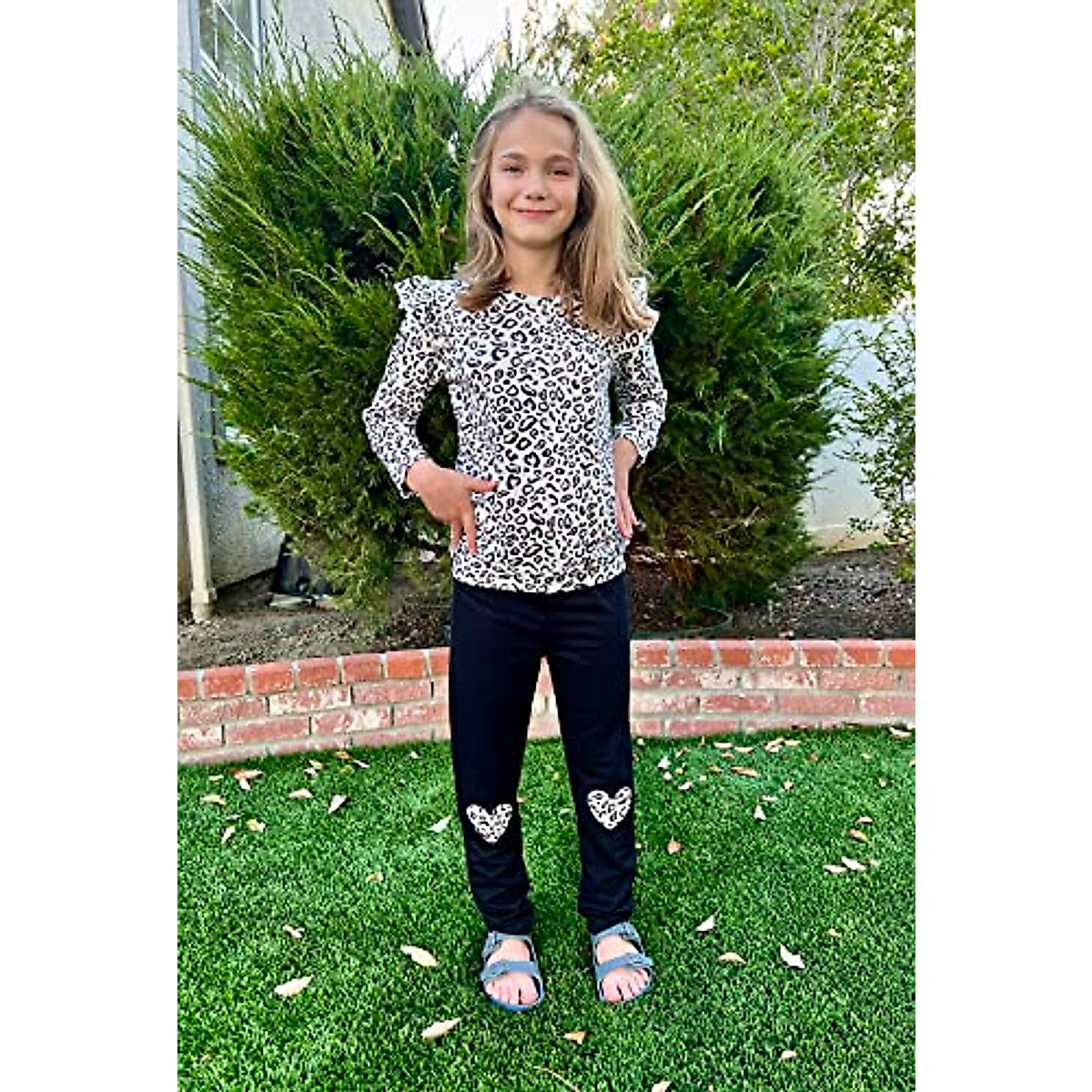 RETSUGO Little Girls 2 Piece Outfits White Leopard Aop Sweatshirts Ruffle Sleeve Toddler Shirt and Leggings Set Kids Clothes Girls Picture Day Outfits for School 8-9 Years old/6627