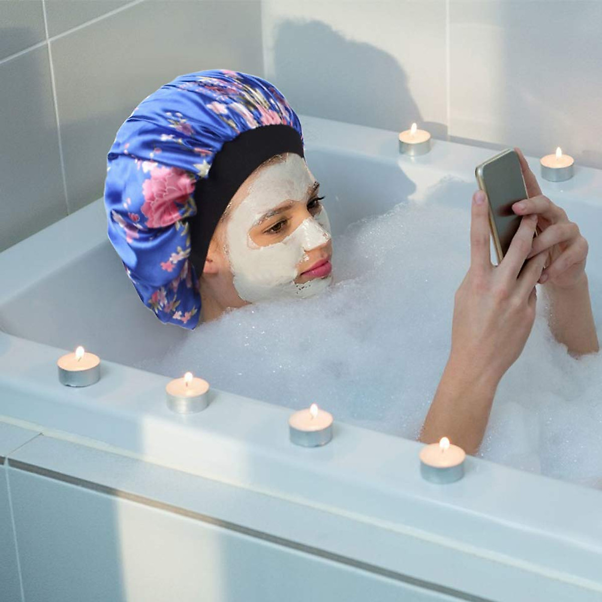 4 Pack Soft Satin Sleeping Cap Wide Band Salon Bonnet Silk Night Sleep Hat Hair Loss Cap for Women, 4 Styles