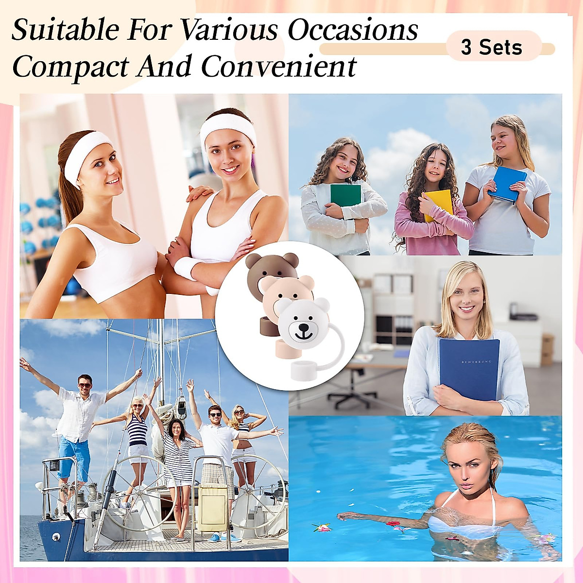 Zhehao 9 Pcs Bear Straw Protector Cover Cute Straw Covers Cap Compatible with Stanley 20 30 40 oz Silicone Straw Covers Cute Straw Covers Tumbler Straw Topper, 3 Colors