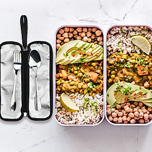 CM Reusable Portable Travel Tableware Carrying Bag Storage Case Cutlery Flatware Organziers for Straw Spoon Fork Chopsticks Utensil Holder (Fade in Blue Triangle Pattern)