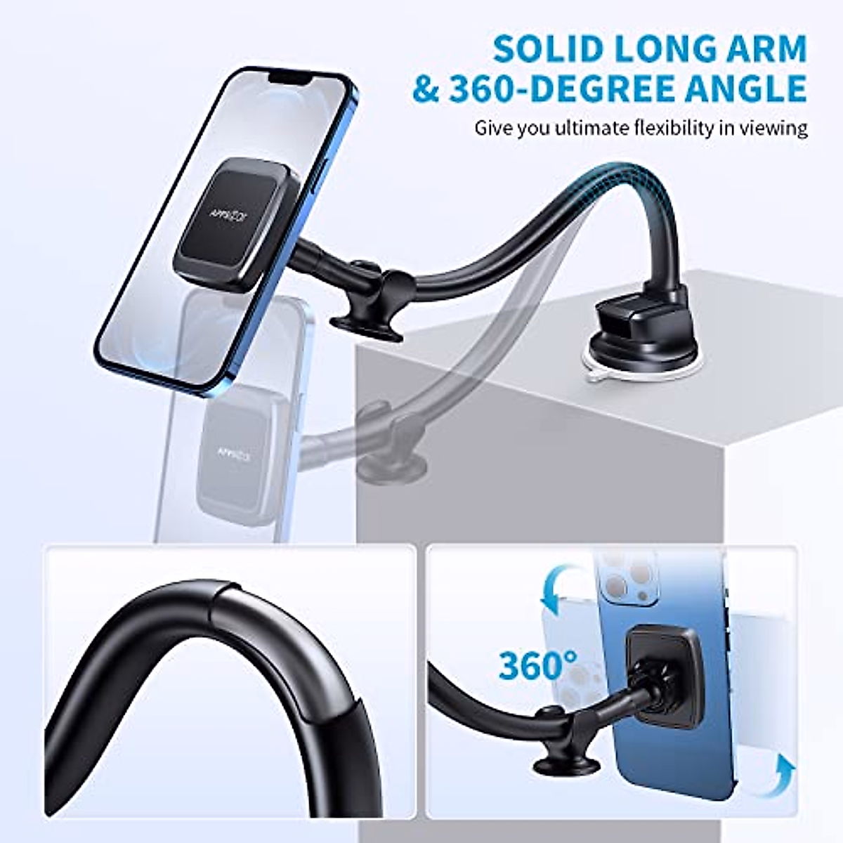 APPS2Car Magnetic Car Phone Mount with 13-inch Flexible Long Arm & 6 Strong Magnets, Anti-Shake Cell Phone Holder for Truck Car Windshield Dashboard, Strong Suction Car Mount for iPhone Smartphones