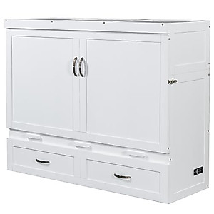 WADRI Full Size Murphy Bed with USB Port and a Large Drawer, Wood Mobile Murphy Chest Bed, Muti-Functional Cabinet Bed for Home Office or Small Room (White-Full-32)