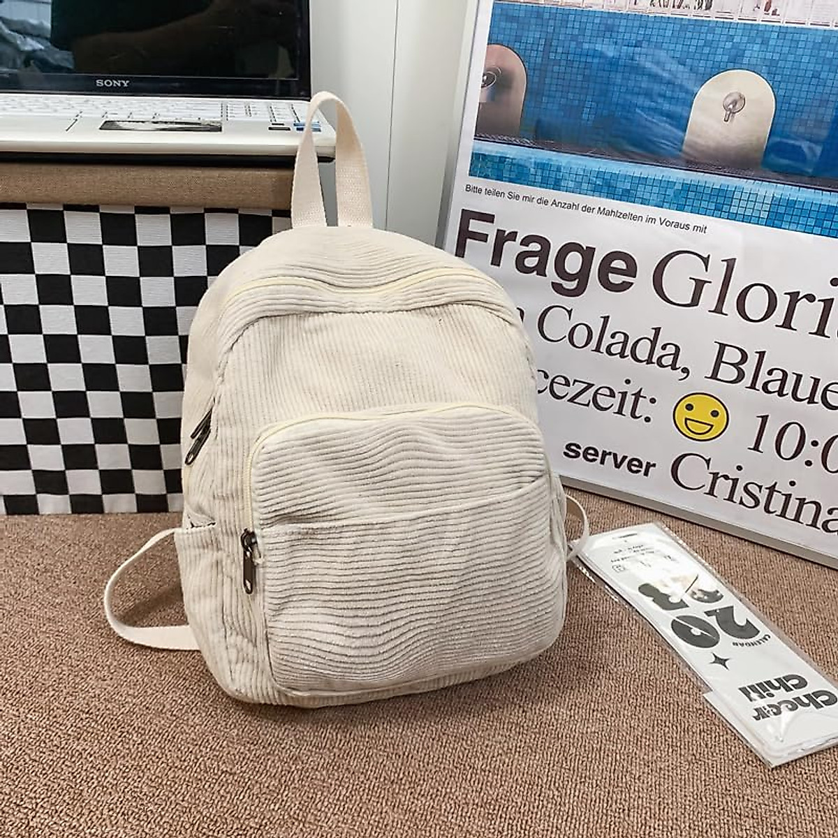 Eagerrich Small Mini Backpack Purse for Women Travel Corduroy Bag for Women Cute Aesthetic(White)