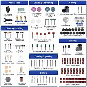 APEXFORGE M0 & M0 Plus Rotary Tool Accessories Kit, 357Pcs + 519Pcs Accessories, Keyless Chuck, 1/8" Diameter Shanks, Universal Fitment for Easy Cutting, Sanding, Grinding, Carving, Drilling, Engravin