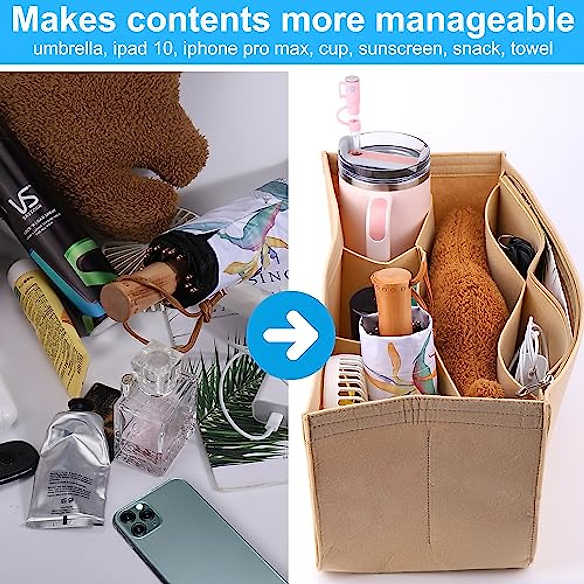 AIERSA Rubber Beach Bag Organizer Compatible with Bogg Bag/Simply Southern Tote, Felt Insert Divider Pouch with Zipper for Bogg Bags Accessories, with 7 Pocekets, Only for Original X Large Size -Beige