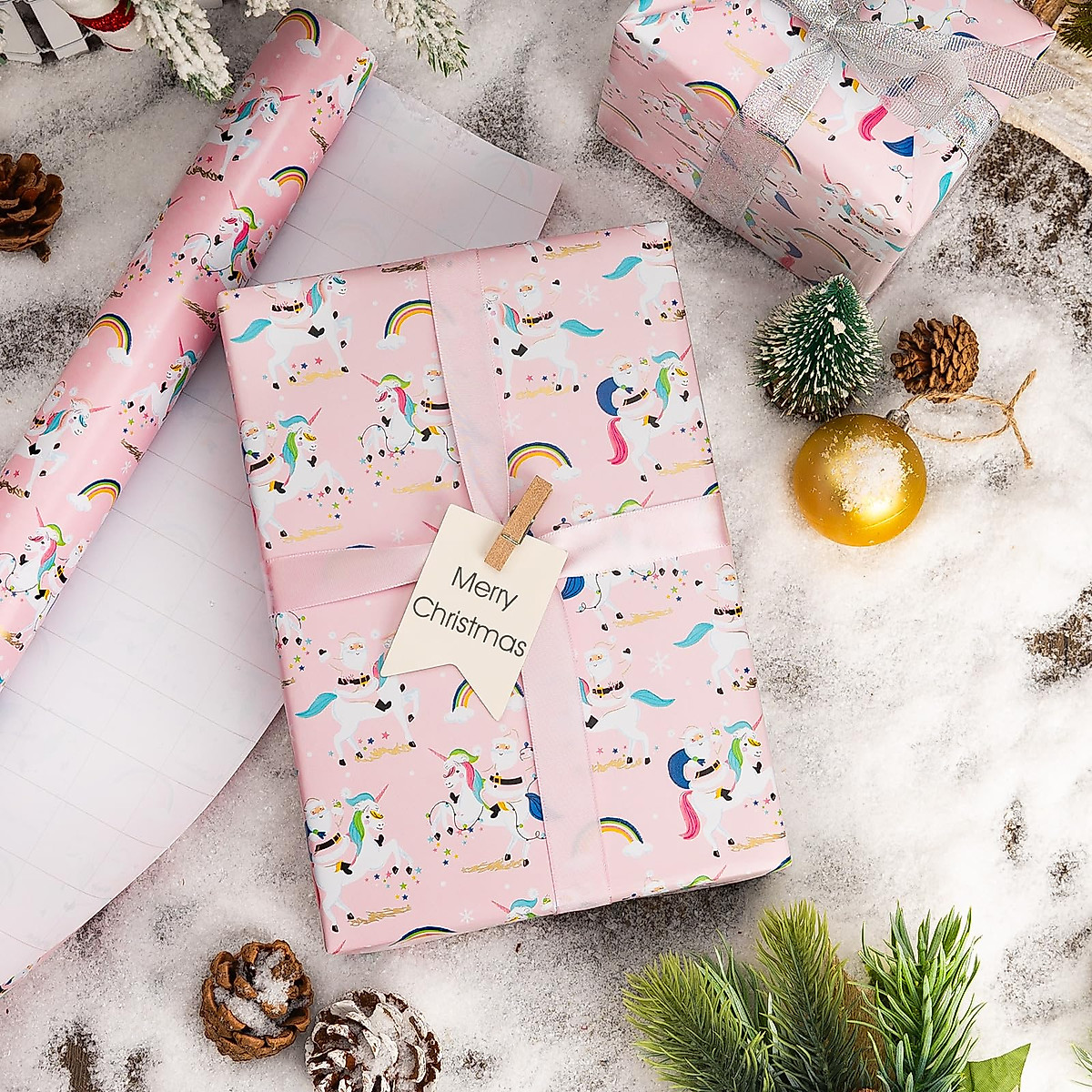 MAYPLUSS Christmas Wrapping Paper Roll - 17 Inch X 33 Feet - Fairytale Christmas Baby Pink Unicorn, Snow, Santa Claus, Rainbow Design Girl Holiday Winter Gift Wrap for Baby Shower, Party & Wedding
