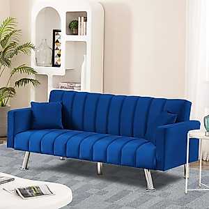 AWQM Sofa Bed, Upholstered Convertible Sofa Bed with 2 Pillows, Modern Velvet Sleeper Sofa Couch with Wooden Frame and Metal Legs, Small Couch for Living Room Bedroom Office (Blue)