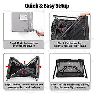 Lamberia Travel Crib, Portable Crib for Baby Lightweight Travel Bassinet with Comfortable Mattress and Carry Bag for Babies to Toddlers, Folding Portable Baby Playpen (Dark Grey)