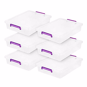 IRIS USA 6 Quart Large Clear Plastic Storage Bins with Lids and Secure Latches, 6 Pack, Organizing Container for Home, Work, Classroom, Paper and Craft, Stackable, Clear/Violet