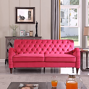Yoglad Chesterfield-Styled 3 Seater Sofa Couch, Modern 72" Velvet Sofa with Button Tufting, Unique Arm and Wood Legs,Rose Red