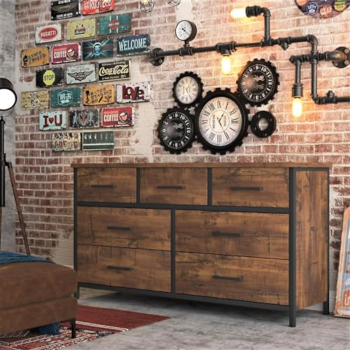 IKENO 7 Drawer Dresser for Bedroom, Industrial Wood Storage Dressers & Chests of Drawers with Sturdy Steel Frame, Storage Organizer for Bedroom Office Wood, Walnut