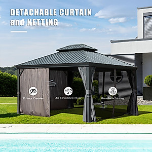 Domi 12'x16' Hardtop Gazebo Canopy,Outdoor Aluminum Gazebo with Galvanized Steel Double Roof,Permanent Gazebo with Drainage System,Curtain and Netting Included,Grey