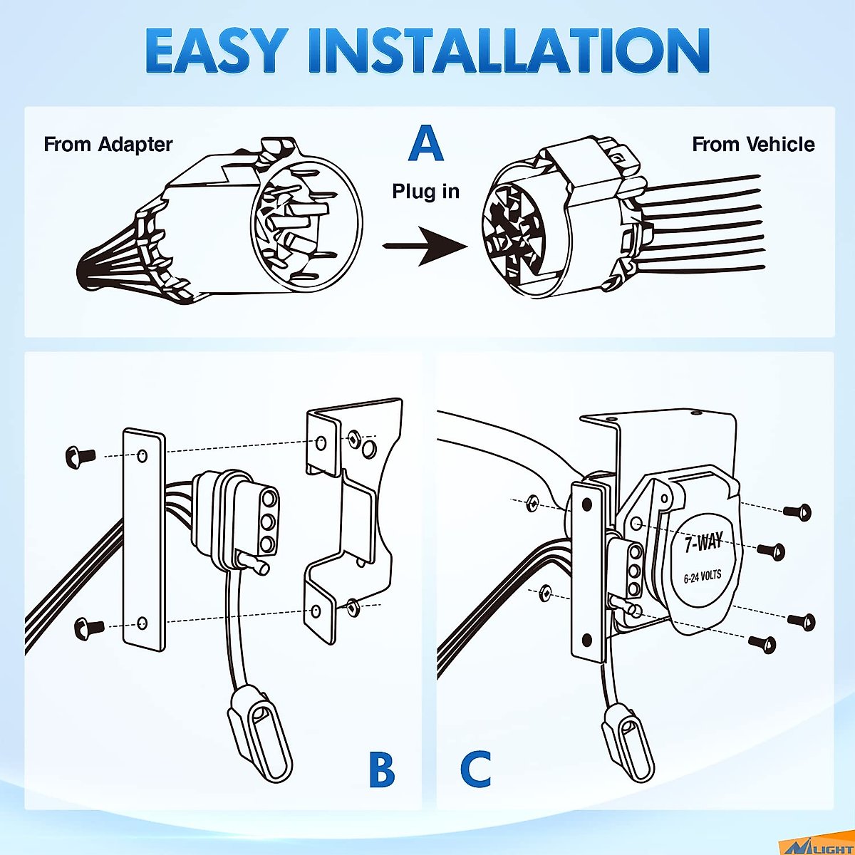 Nilight Dual Output Vehicle Side 7 Way RV Blade and 4Way Flat Wiring Harness Multi Tow 4Pin to 7Pin Electric Adapter for RVs Trucks Factory Tows Package USCAR 7Way Sockets Required